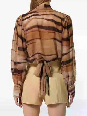 Elisabetta Franchi Chiffon Tiger Print Tie-neck Blouse - Neutrals