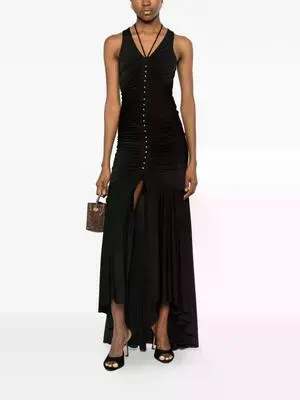 Just Cavalli Sleeveless V-neck Ruched Asymmetrical Hem Maxi Dress