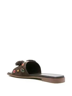 TWINSET Embellished Pompom Flat Sandals - Brown