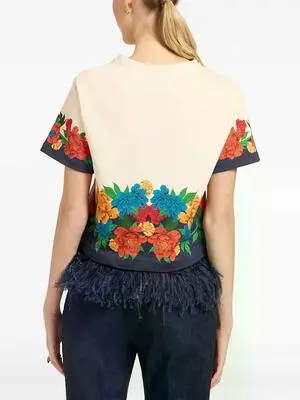 La DoubleJ Floral Feather Trim T-shirt - Neutrals