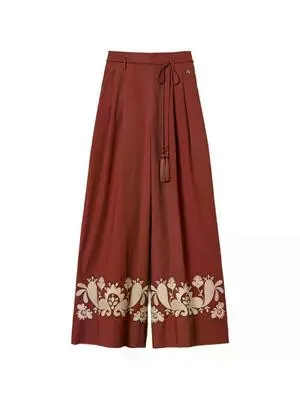 TWINSET Embroidered Cotton Poplin Palazzo Trousers - Red