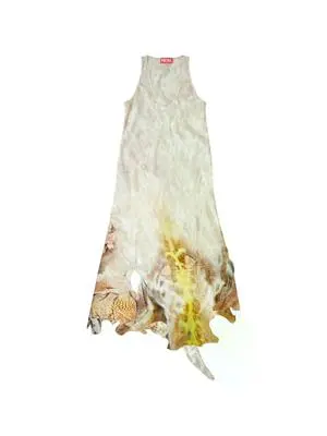 DIESEL® D-ikara Asymmetric Feather Print Maxi Dress - Neutrals