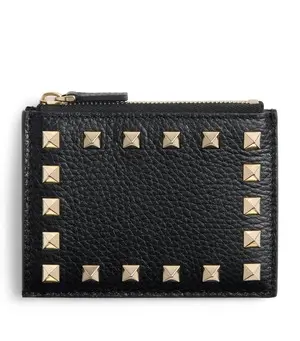 Valentino Garavani Leather Rockstud Coin And Card Holder Black