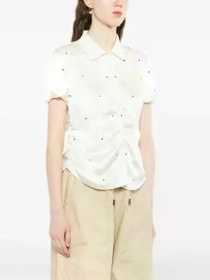 LESS Polka Dot Silk Blouse With Lace Trim - White