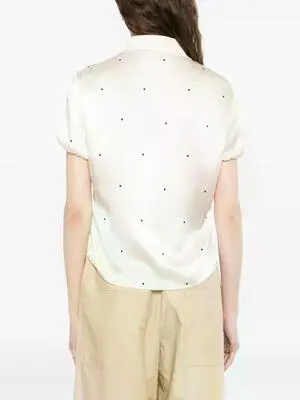 LESS Polka Dot Silk Blouse With Lace Trim