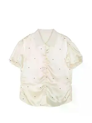 LESS Polka Dot Silk Blouse With Lace Trim - White
