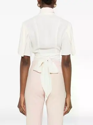 Elisabetta Franchi Short Sleeve Blouse With Sash - Neutrals