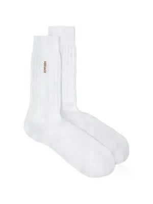 Versace Embroidered Cotton Ribbed Crew Socks - White