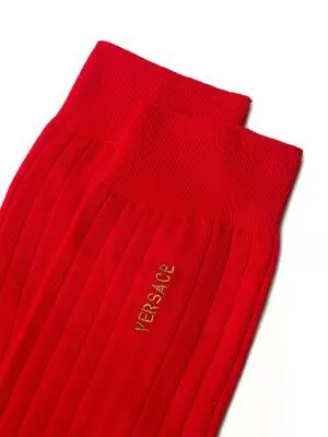Versace Embroidered Cotton Ribbed Socks - Red