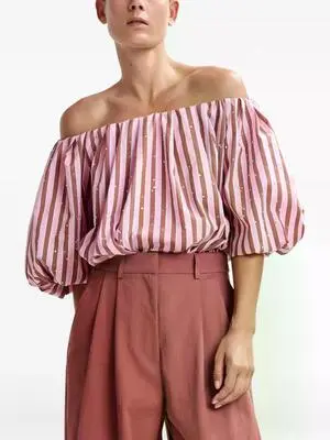 Essentiel Antwerp Striped Embellished Off-the-shoulder Blouse