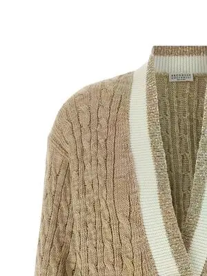 Brunello Cucinelli Braided Knit V-neck Cardigan With Micro Sequins