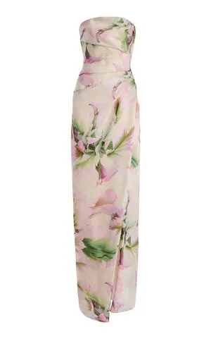 Monique Lhuillier Floral-print Ruched Silk Gown