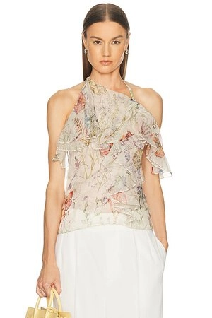 Alexander McQueen Halter Neck Ruffle Silk Chiffon Top - Ivory