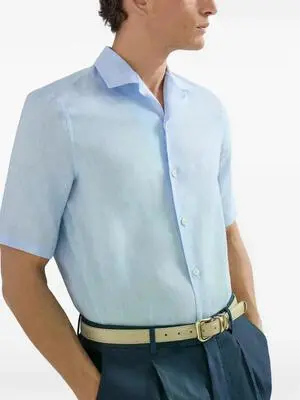 Brunello Cucinelli Linen Easy Fit Short-sleeve Shirt With Camp Collar - Blue