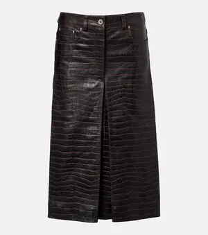 Rabanne Pleated Croc-effect Leather Midi Skirt