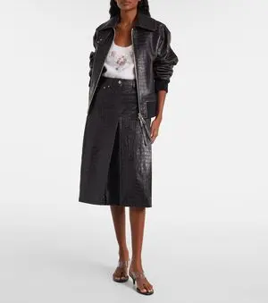 Rabanne Pleated Croc-effect Leather Midi Skirt