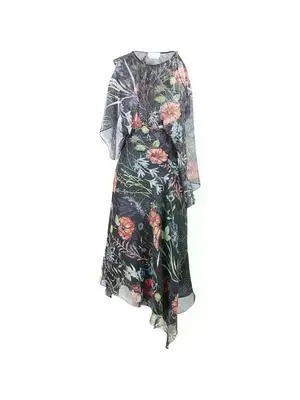 Alexander McQueen Asymmetrical Flower-print Midi Dress - Black