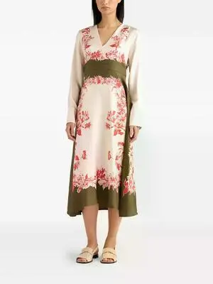 Momoni Pilar Floral V-neck Midi Dress - Neutrals