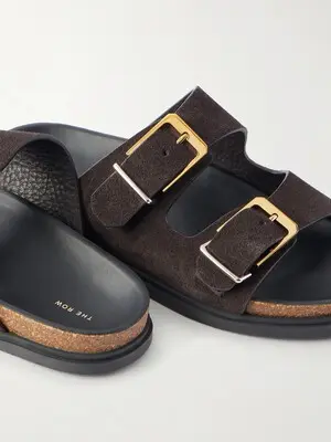 THE ROW Buckled Suede Slides - Brown