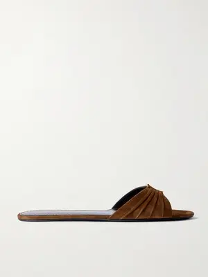 Saint Laurent Babylone Embellished Gathered Suede Slides - Brown
