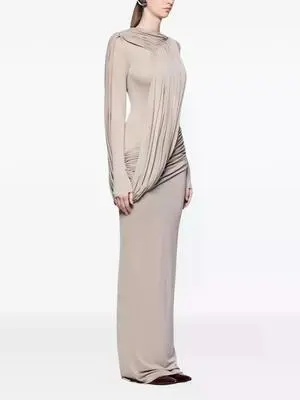 CHATS BY C.DAM Flavia Asymmetrical Drape Long-sleeve Maxi Dress - Neutrals