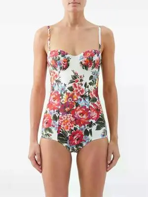 Dolce & Gabbana Balconette One-piece Swimsuit With Floral Bouquet Print - White