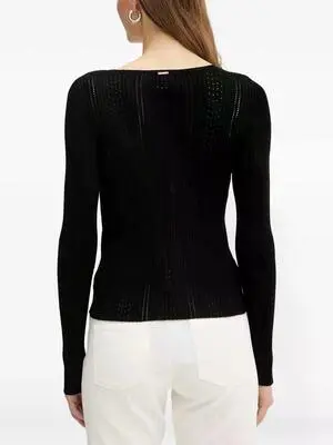 TWINSET Square Neck Ribbed Knit Sweater With Perforated Details - Black