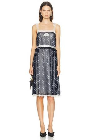 Marc Jacobs Chiffon Dress With Ribbon Straps And Scalloped Trim - Navy Multi