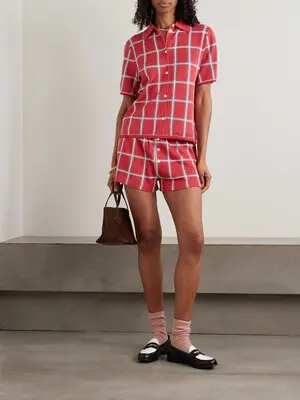 Guest In Residence Picnic Checked Silk And Linen-blend Jacquard Shorts - Red