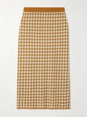 Guest In Residence Gingham Silk And Linen-blend Jacquard Midi Skirt - Brown