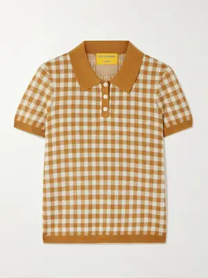 Guest In Residence Cropped Gingham Silk And Linen-blend Jacquard Polo Shirt - Brown