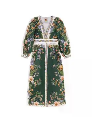Farm Rio Long Sleeve Floral V-neck Dress - Green