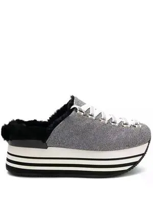 Hogan Platform Lace-up Mules In Silver Glitter Fabric
