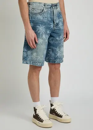 Amiri Palm Printed Denim Shorts - Indigo