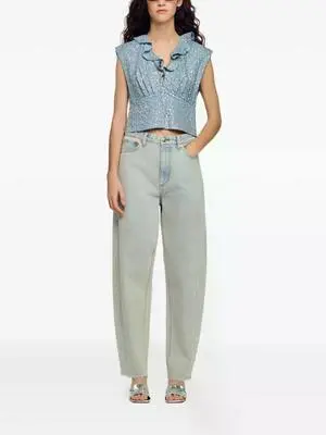 Sandro Sleeveless Striped Sequin Embroidered Ruffled Crop Top - Blue