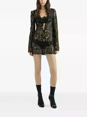 Dolce & Gabbana Floral Lace Mini Dress With V-neck And Long Sleeves - Black