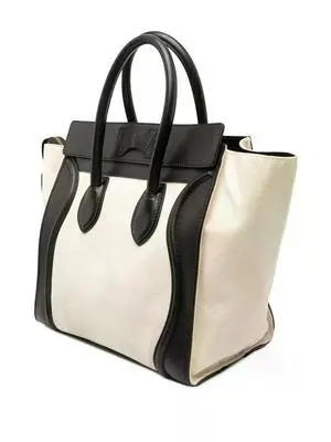 Celine Mini Bicolor Canvas And Leather Luggage Tote Handbag - Brown