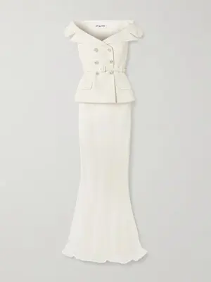 SELF-PORTRAIT Off-the-shoulder Belted Metallic Bouclé And Crepe Maxi Dress - Neutrals