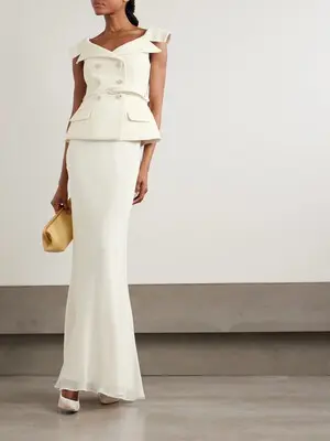 SELF-PORTRAIT Off-the-shoulder Belted Metallic Bouclé And Crepe Maxi Dress - Neutrals