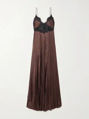 SELF-PORTRAIT Lace-trimmed Plissé-satin Maxi Dress - Brown