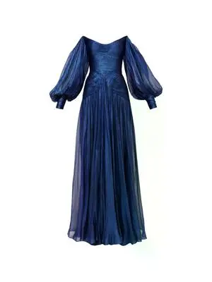 IRIS SERBAN Petal Balloon-sleeve Off-shoulder Maxi Dress - Blue