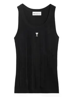 AMI Paris De Coeur Embroidered Ribbed Tank Top - Black