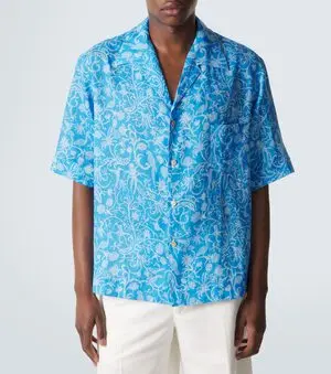 Kiton Printed Linen Bowling Shirt - Blue