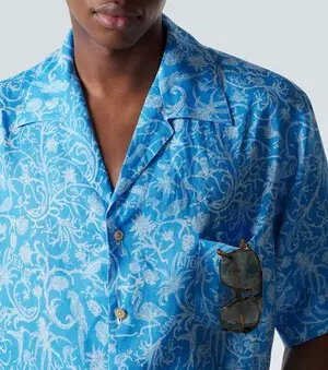 Kiton Printed Linen Bowling Shirt - Blue