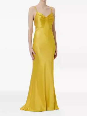 Elisabetta Franchi V-neck Spaghetti Strap Satin Evening Dress - Yellow