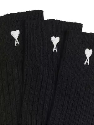 AMI Paris Ribbed Knit Socks With Logo - Black