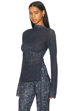 JADE CROPPER Side Slit Mesh Top - Grey