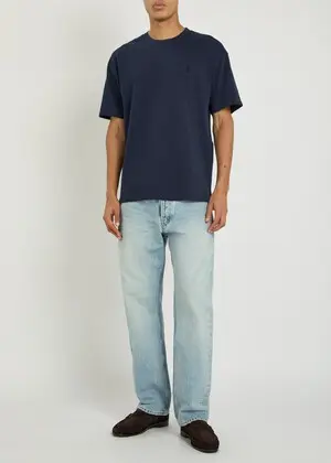 Saint Laurent Logo-embroidered Piqué Cotton-blend T-shirt - Blue