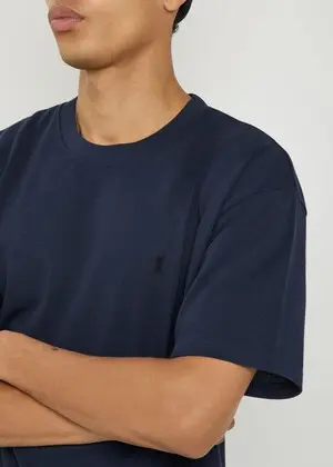 Saint Laurent Logo-embroidered Piqué Cotton-blend T-shirt - Blue