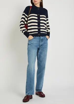FRAME Striped Cotton Cardigan With Mock Neck - Navy
